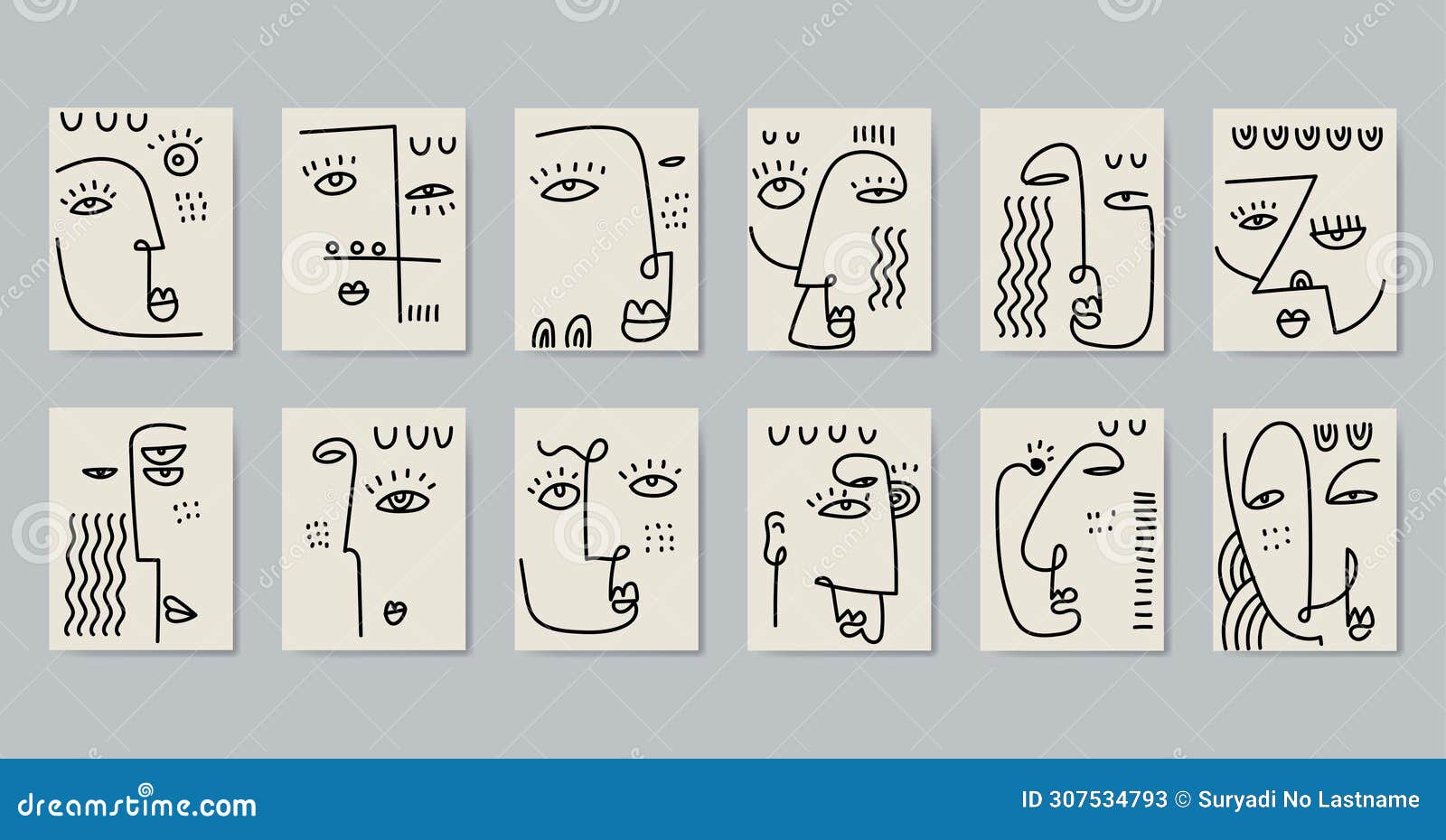 Set of Line Drawing Abstract Face Portrait Art Print. Stock Vector ...