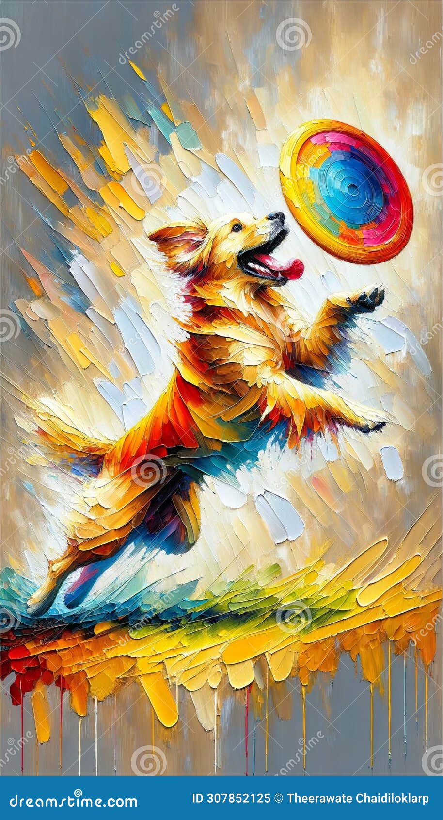 Oil Painting of a Golden Retriever Leaping for a Frisbee in Mid-air ...