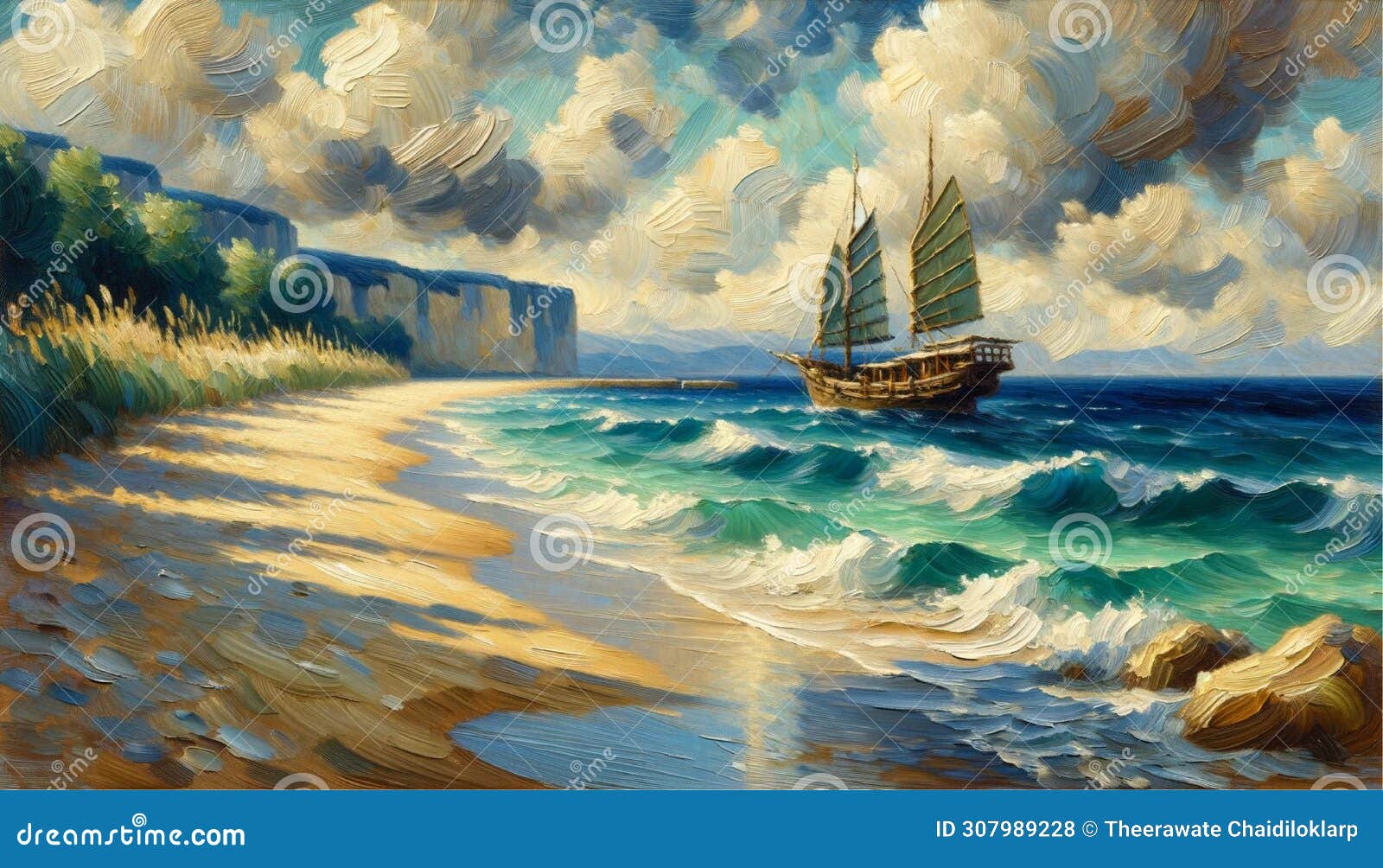 Oil Painting of a Traditional Junk Boat Navigating the Serene Sea at ...
