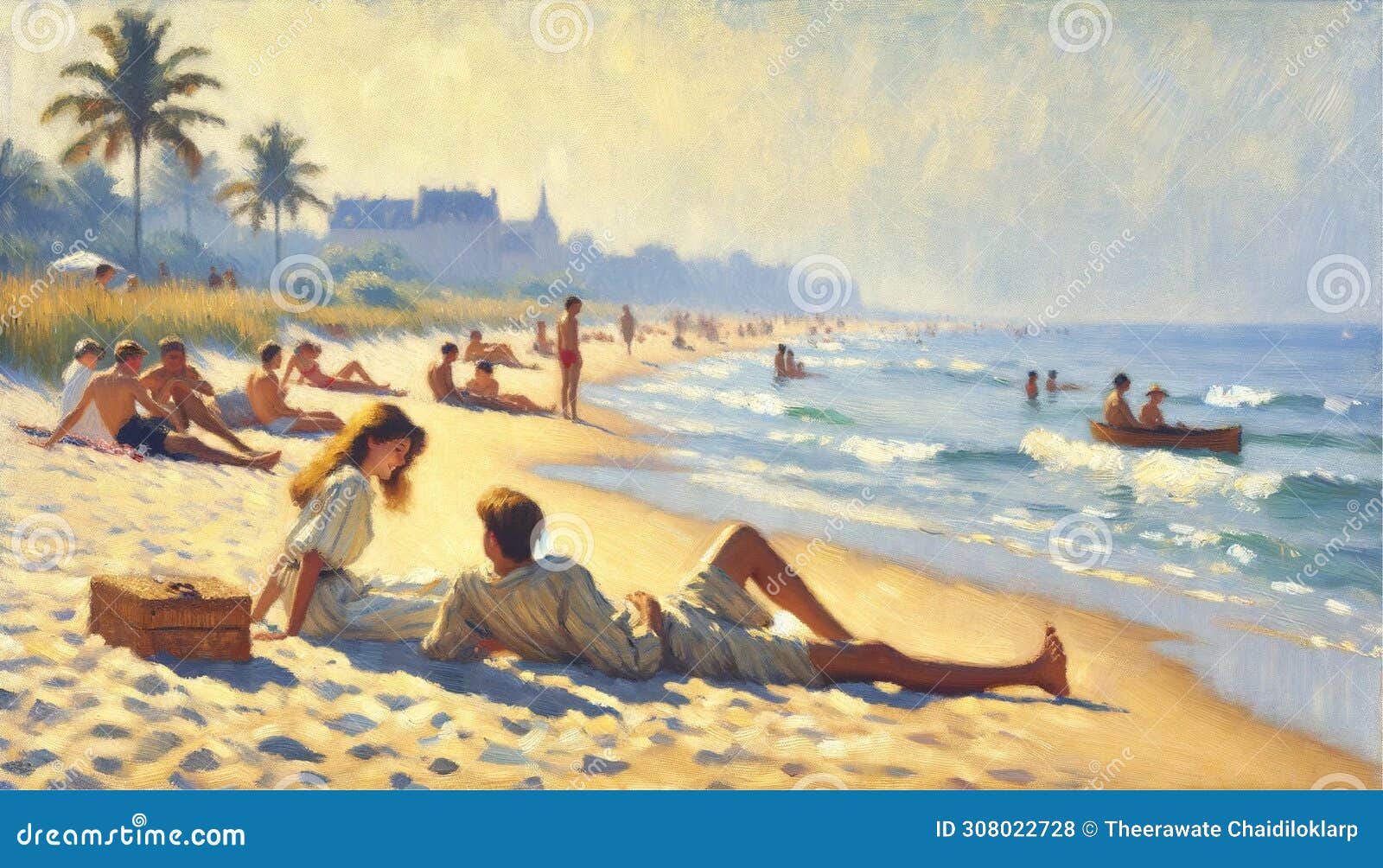 Oil Painting of a Couple Sharing a Joyful Moment on Lively Beach Stock ...