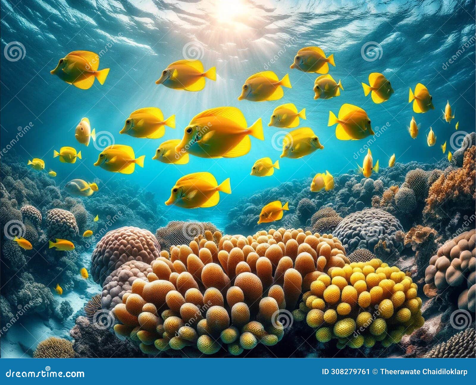 Yellow Tang Fishes School Swimming Over Coral Reef Stock Illustration ...