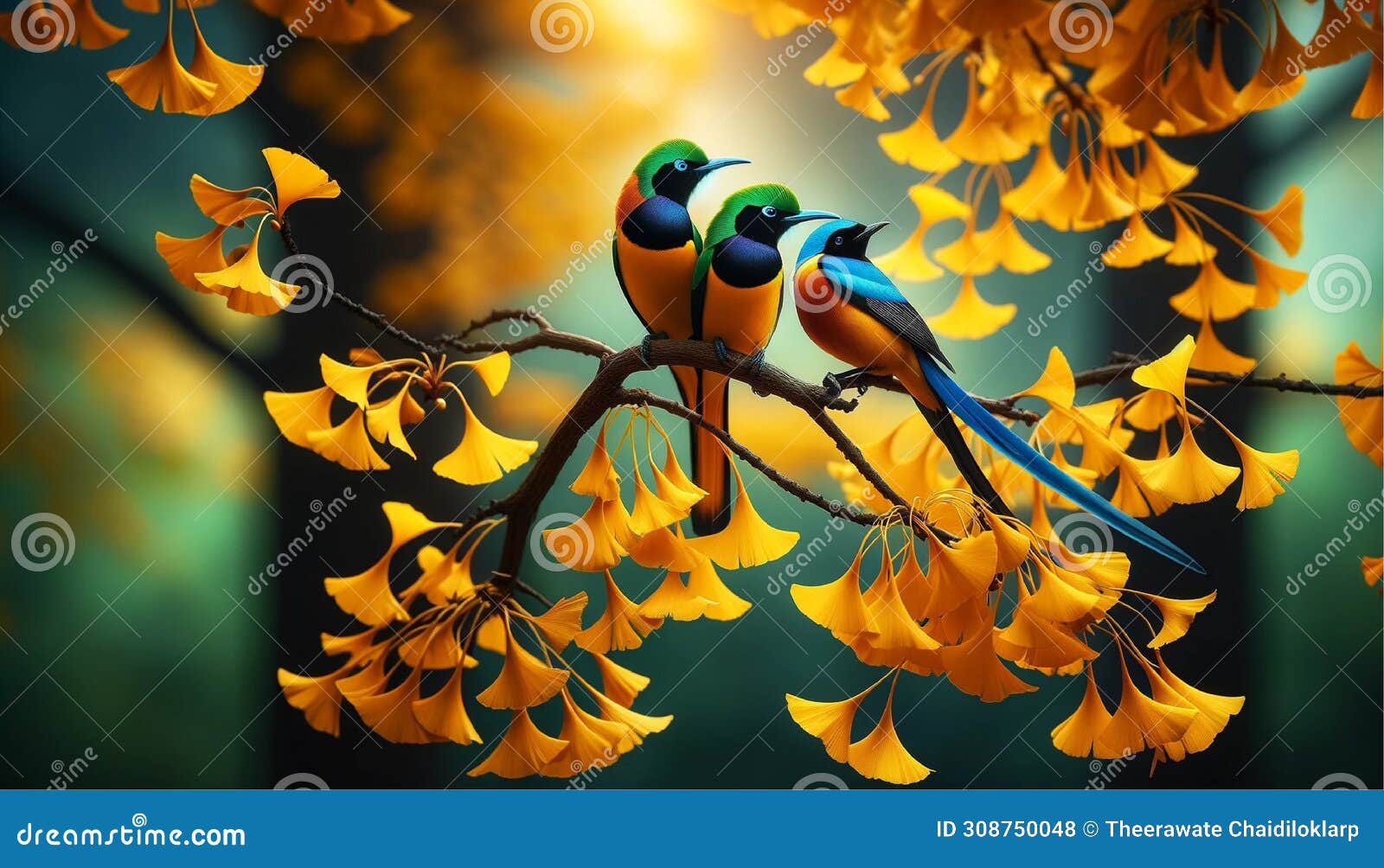 Colorful Birds on a Fully Bloomed Ginkgo Tree Stock Illustration ...