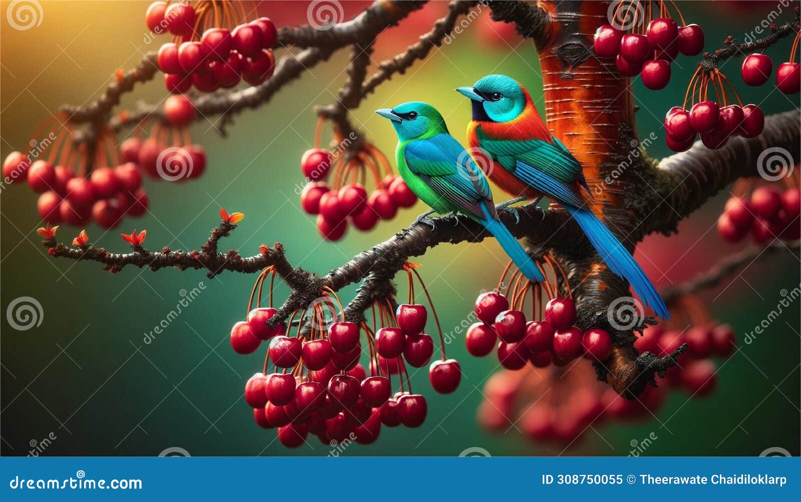 A Pair of Paradise Tanager on a Tibetan Cherry Tree Stock Illustration ...