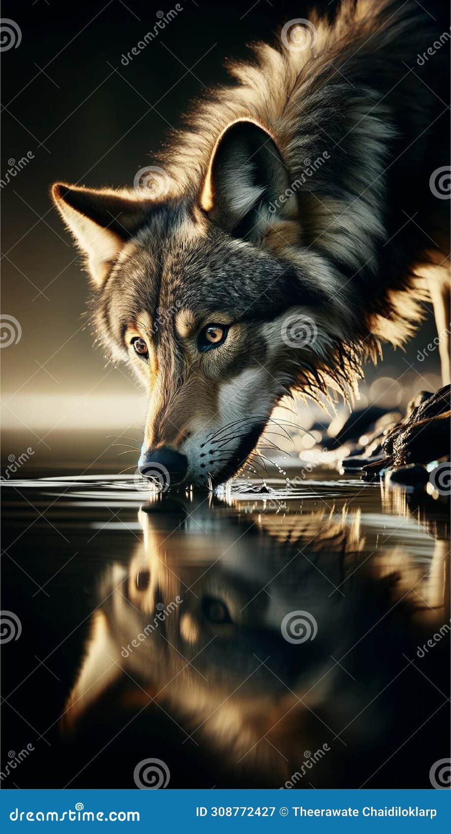 A Wolf Drinking Water from a Canal Stock Illustration - Illustration of ...