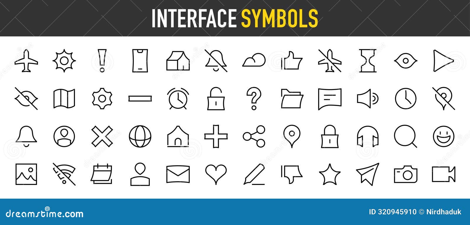 Interface Symbols Icons. Airplane Mode, Alarm, Bell. Stock Illustration ...