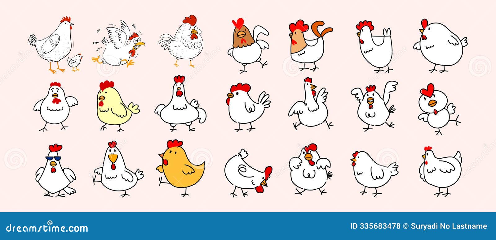 Chicken Hen Rooster Cartoon Vintage Character Hand Drawn Vector. Stock ...
