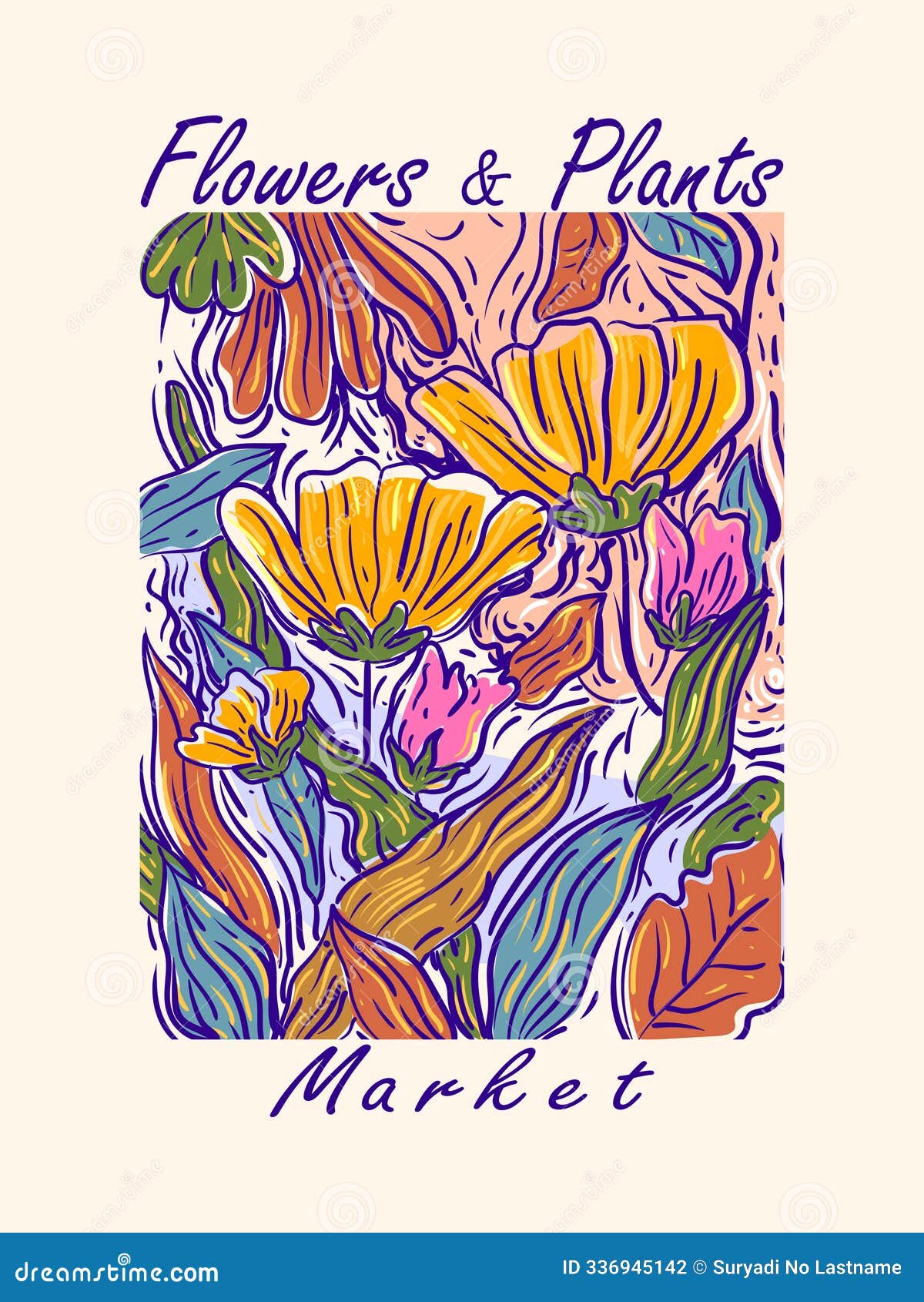 Abstract Textured Flowers Leaves Plants Hand Drawing Line Art Pattern ...