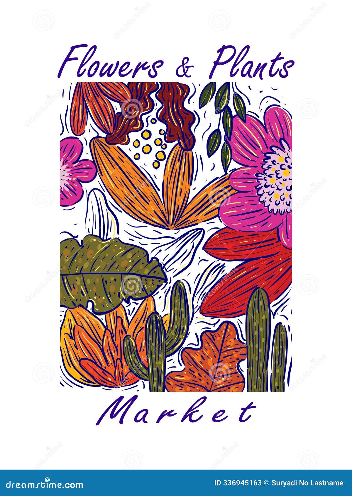 Abstract Textured Flowers Leaves Plants Hand Drawing Line Art Pattern ...