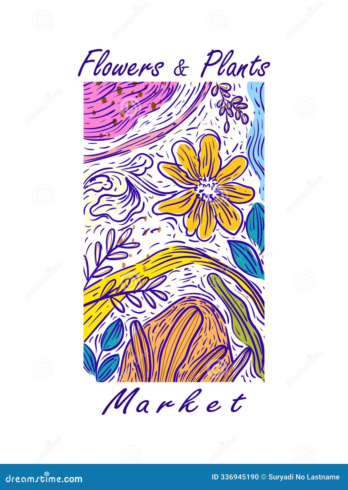 Abstract Textured Flowers Leaves Plants Hand Drawing Line Art Pattern ...