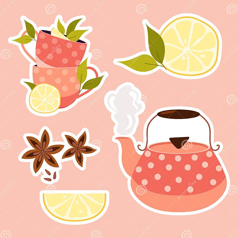 Set of Stickers with Lemon Tea and Tea Party Utensils. Boiling Kettle ...