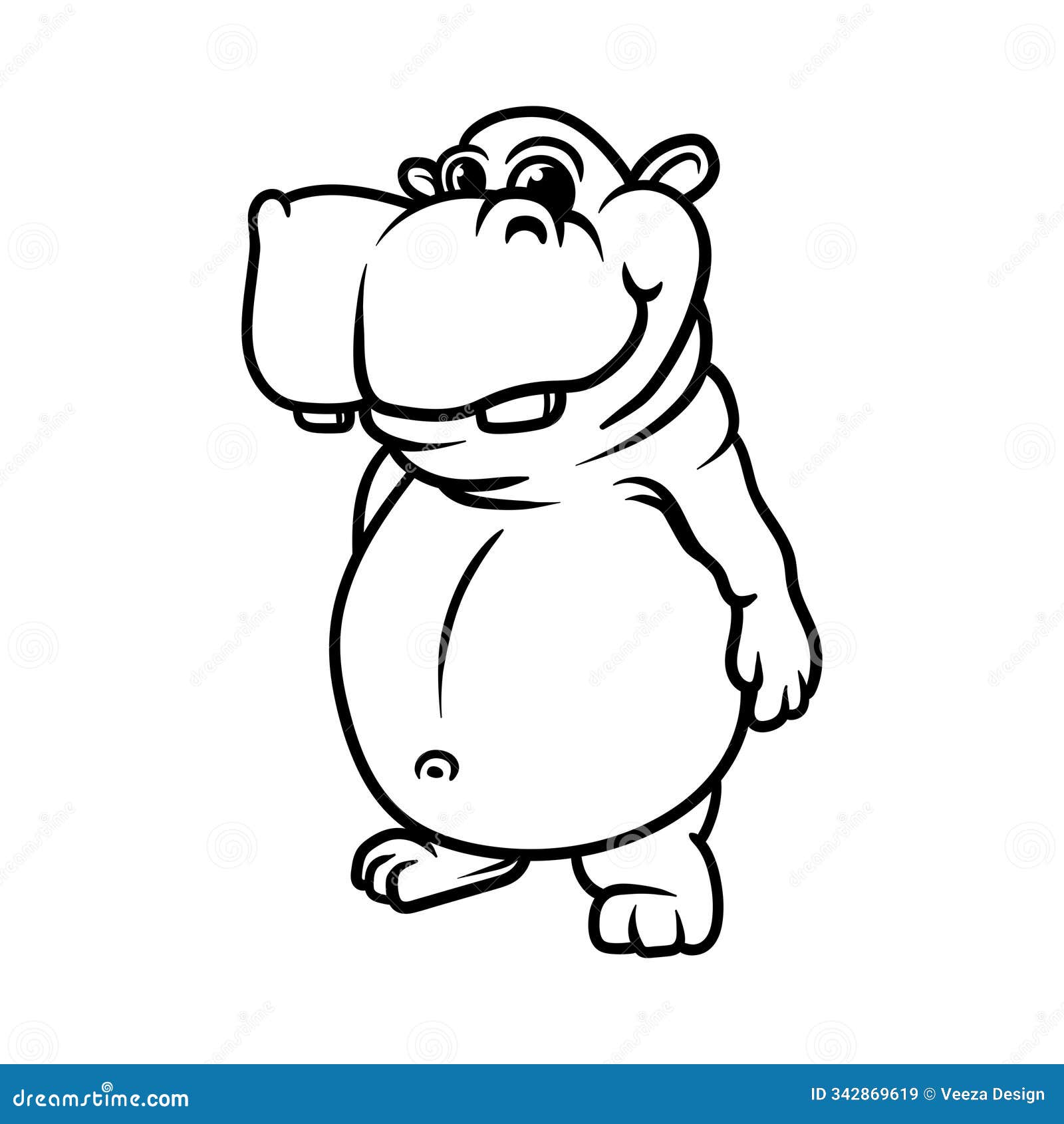 Fun Fat Hippo Drawing Coloring Line Art Style Sketch Classic Vintage ...