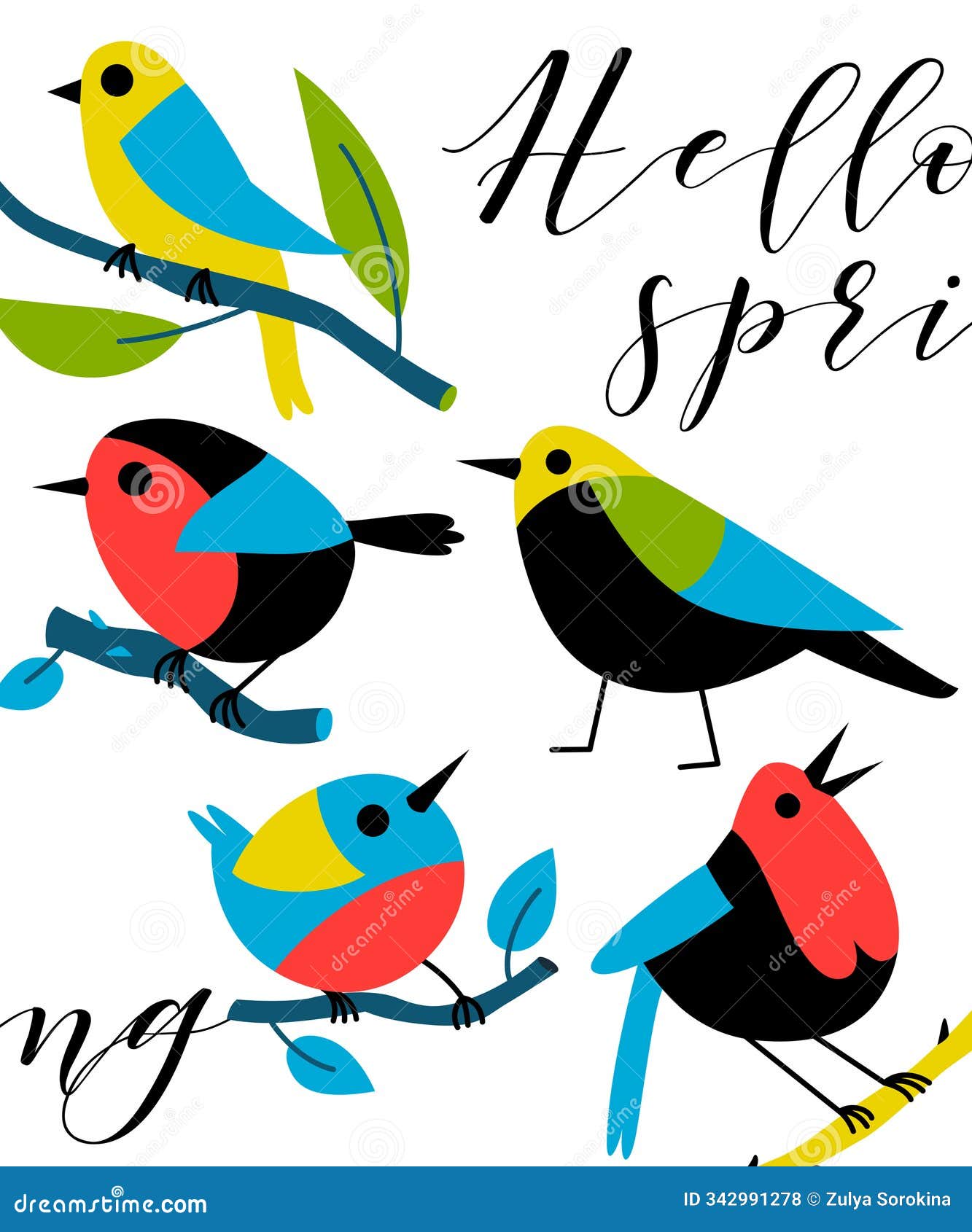 Postcard with Colorful Birds.Vector Illustration with Typography Stock ...