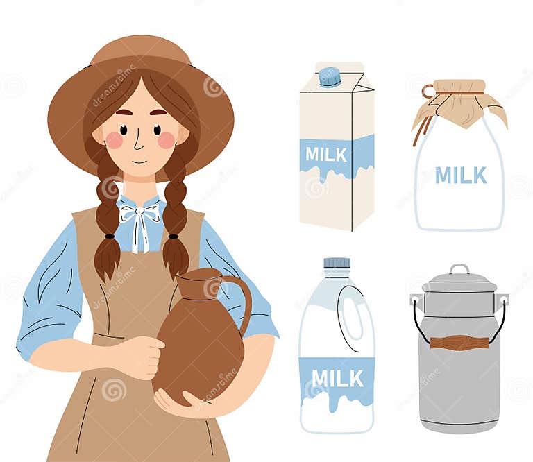 Milkmaid. Girl with Clay Pot. Milk in Glass Bottle, Cardboard Box ...