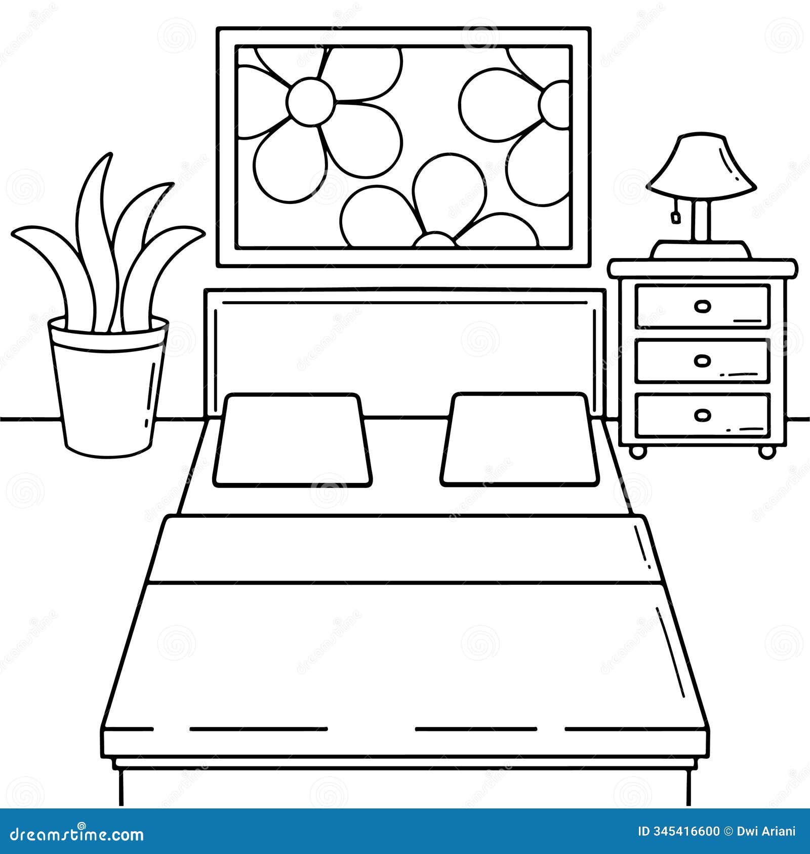 Bedroom Interior Line Drawing. Bedroom Furniture Outline Vector Stock ...