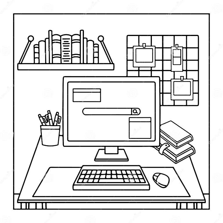 Workplace with Computer and Supplies Cartoons in Black and White ...