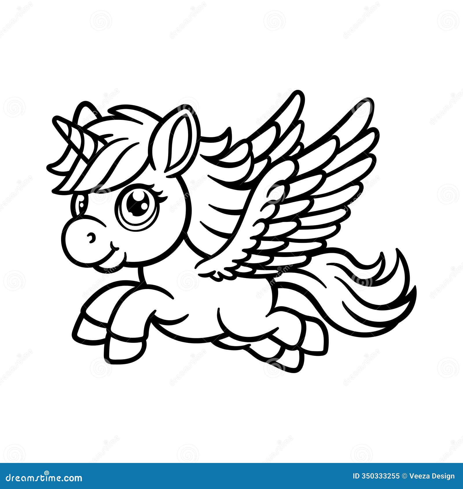 Fun Cartoon Character of Flying Unicorn Isolated Drawing Line Art Style ...