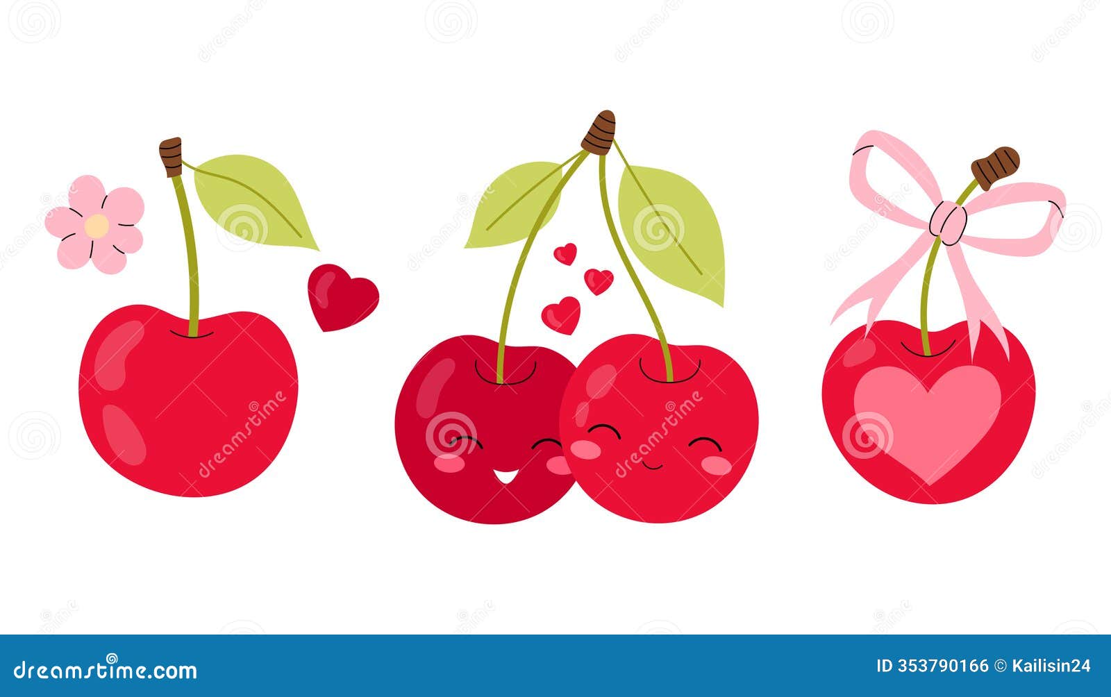 Set Ripe Cherries. Cute Cherries for Postcard, Sticker, Banner, Poster ...