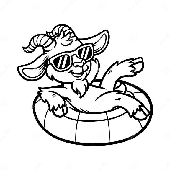 Fun Cartoon Goat on Swimming Buoy Balloon Mascot Isolated Drawing Line ...