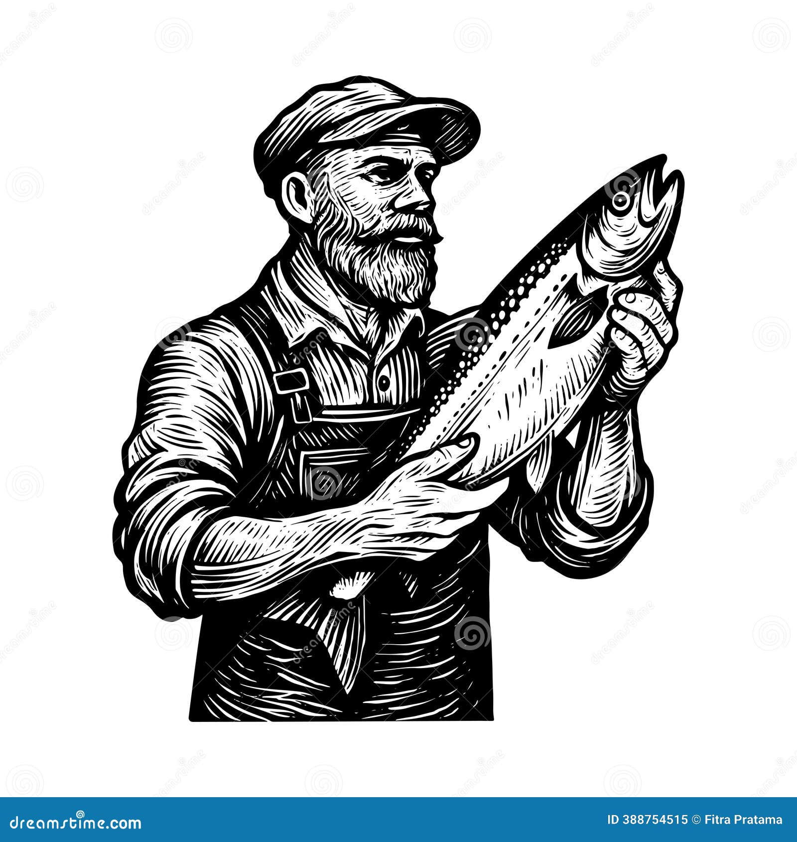 Fisherman Holding Rod With Small Fish, Big Angry Fish Threatening Him ...