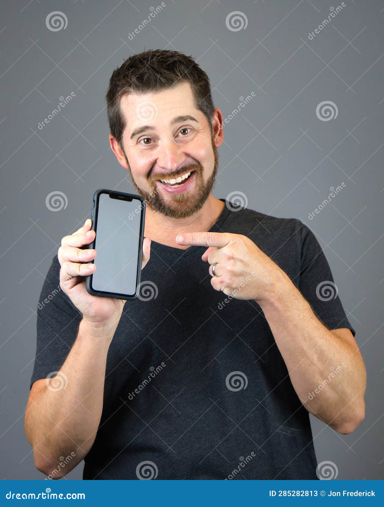 Mobile App Advertisement, Handsome Excited Man Showing Pointing at ...