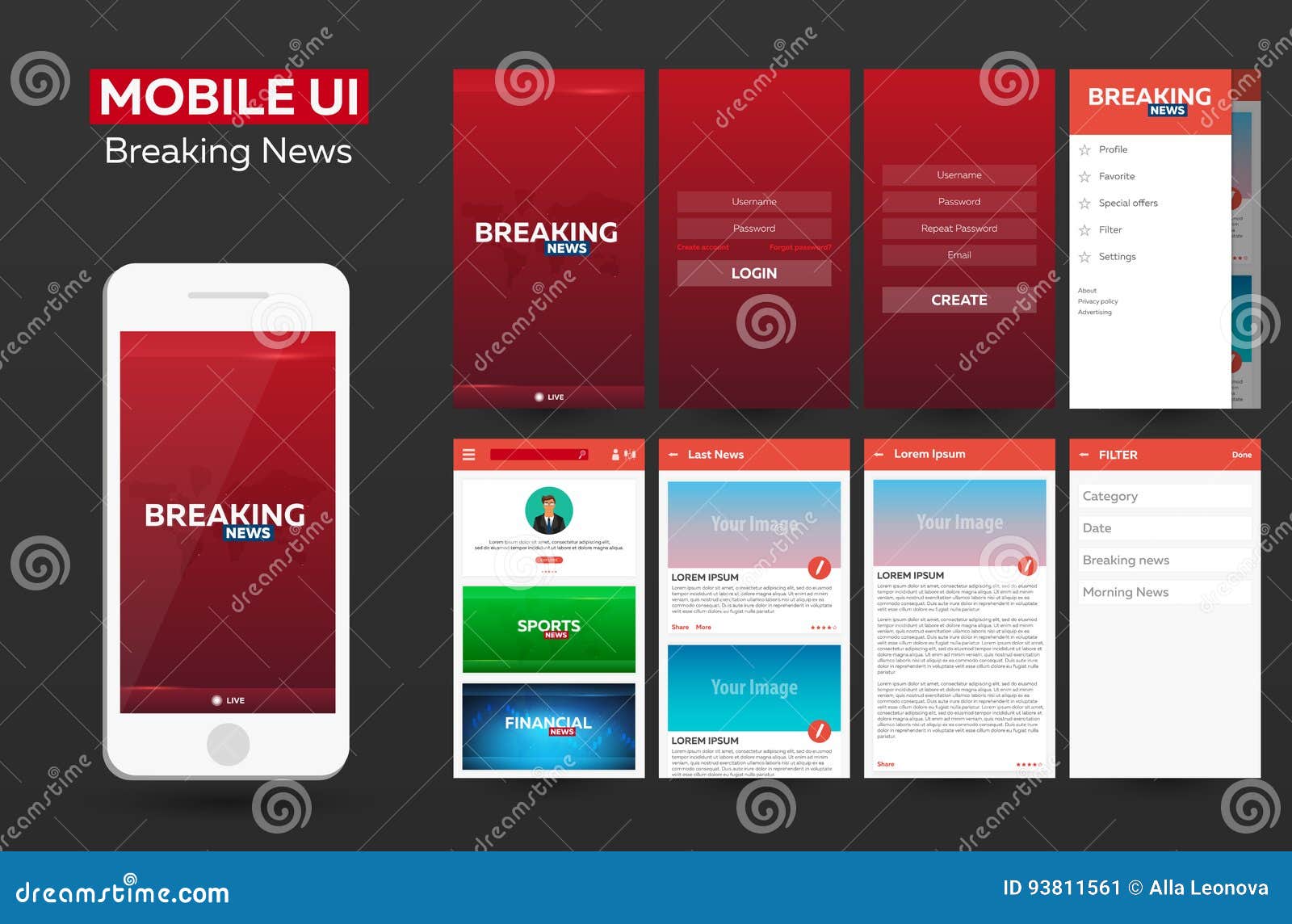 Mobile App Breaking News Material Design UI, UX, GUI. Responsive ...