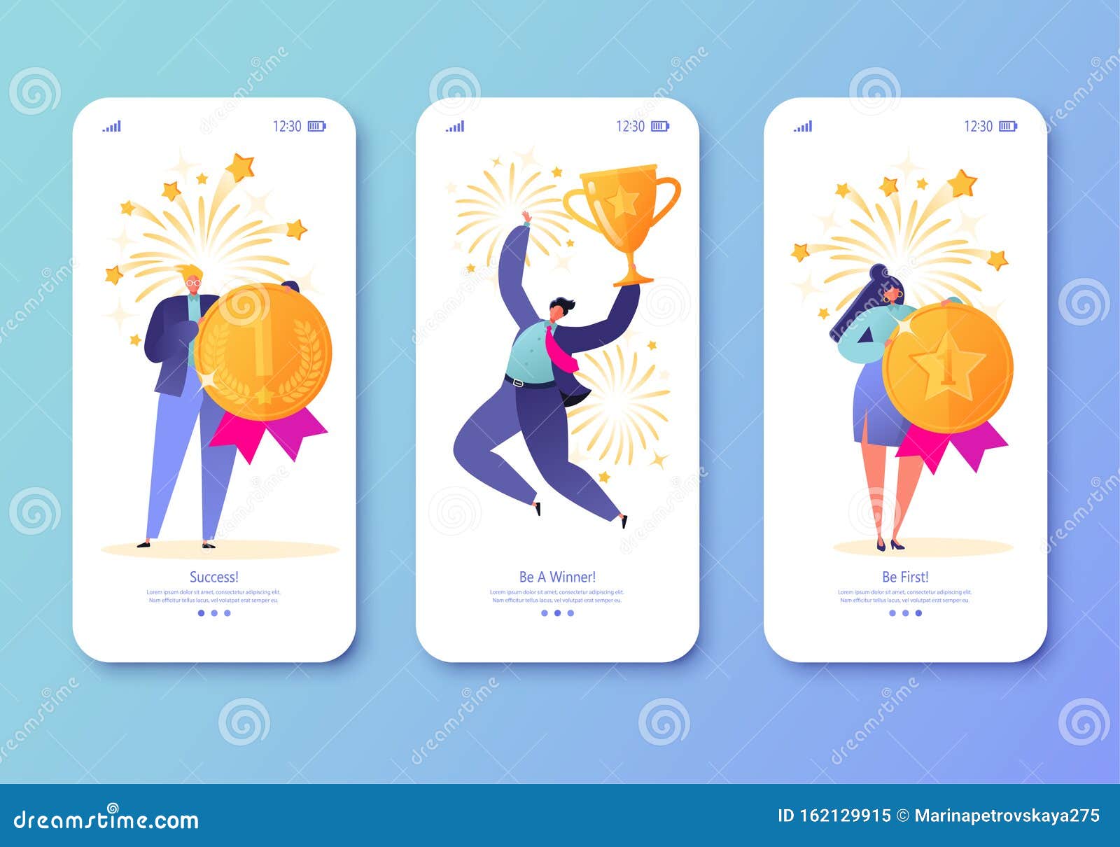 Mobile App Page, Screen Set. Men and Women Celebrating Victory ...