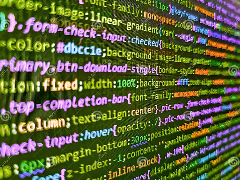 Mobile App Concept. Script Procedure Creating. Website Codes on Computer Monitor. Programming ...