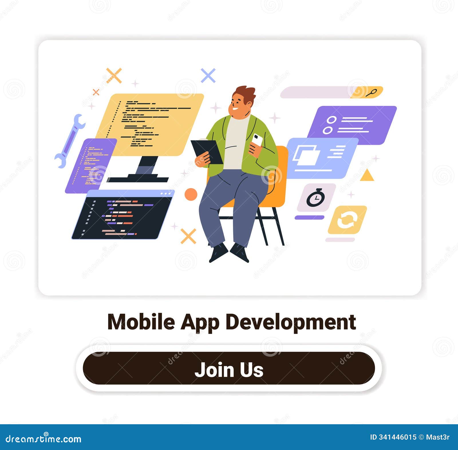 Mobile App Development Concept Person Coding Digital Tools Colorful ... Mobile App Development Concept Person Coding Digital Tools Colorful ...