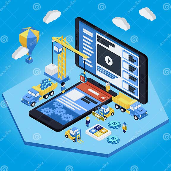 Mobile App Development, Experienced Team. Flat 3d Isometric Stock ...