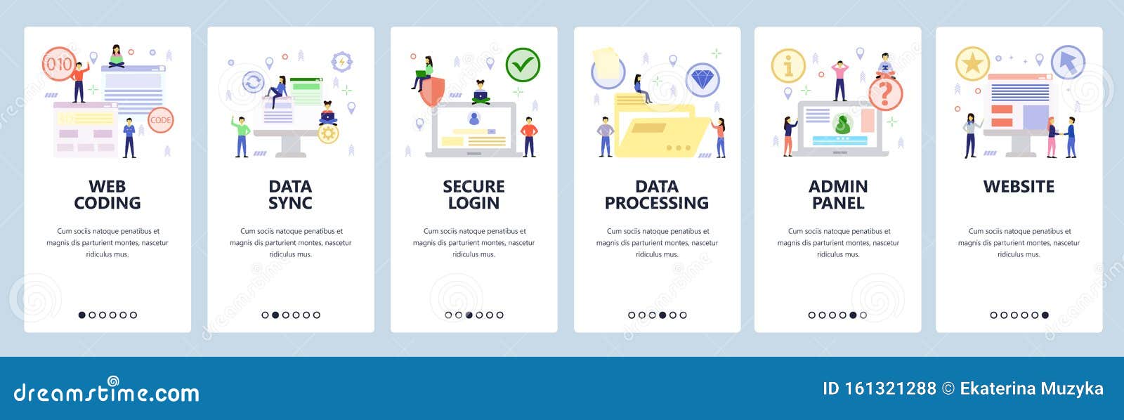 Mobile App Onboarding Screens Web Coding Cyber Security Data Sync And Processing Admin Panel