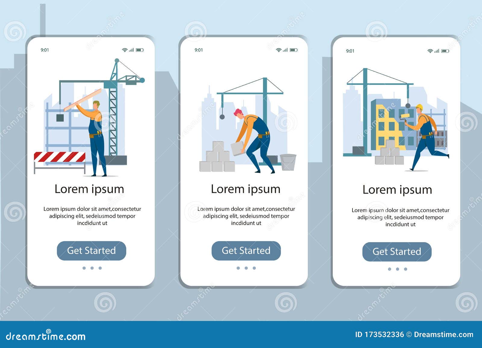Mobile App Page Set with Building Stages Design Stock Vector ...