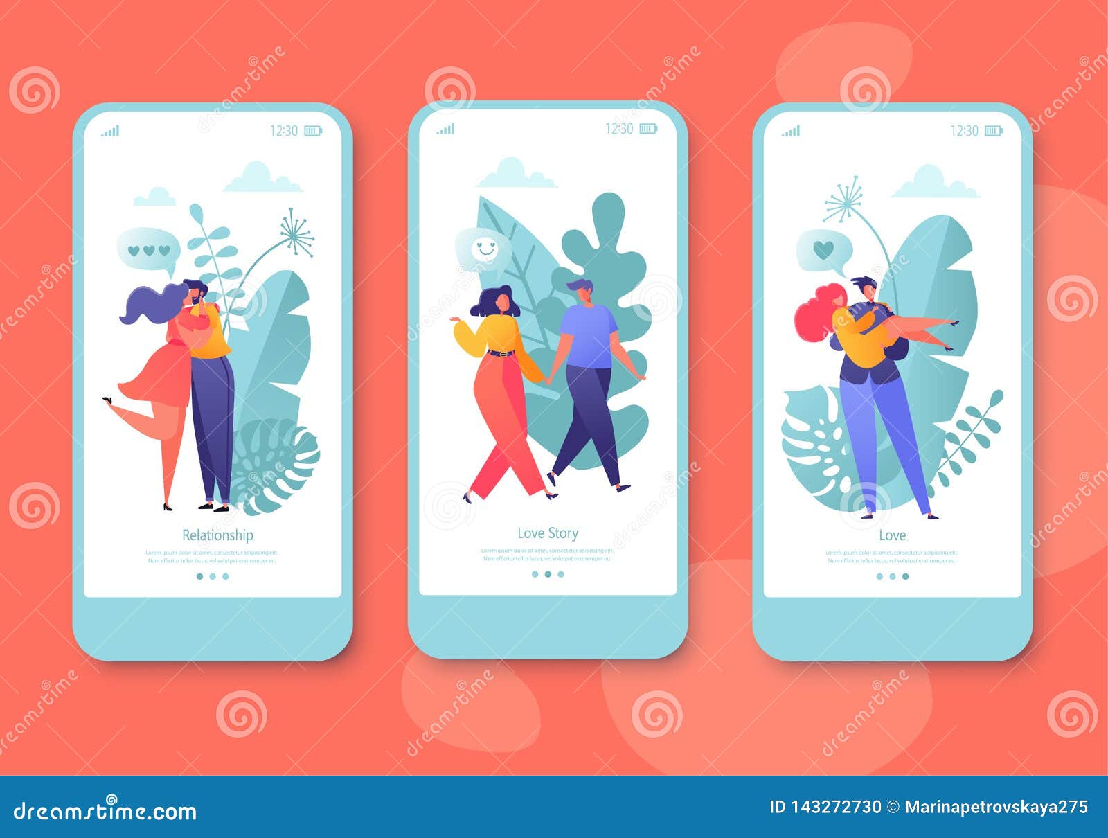 Romantic Vector Illustration Mobile App Page, Screen Set. Happy Flat ... Romantic Vector Illustration Mobile App Page, Screen Set. Happy Flat ...