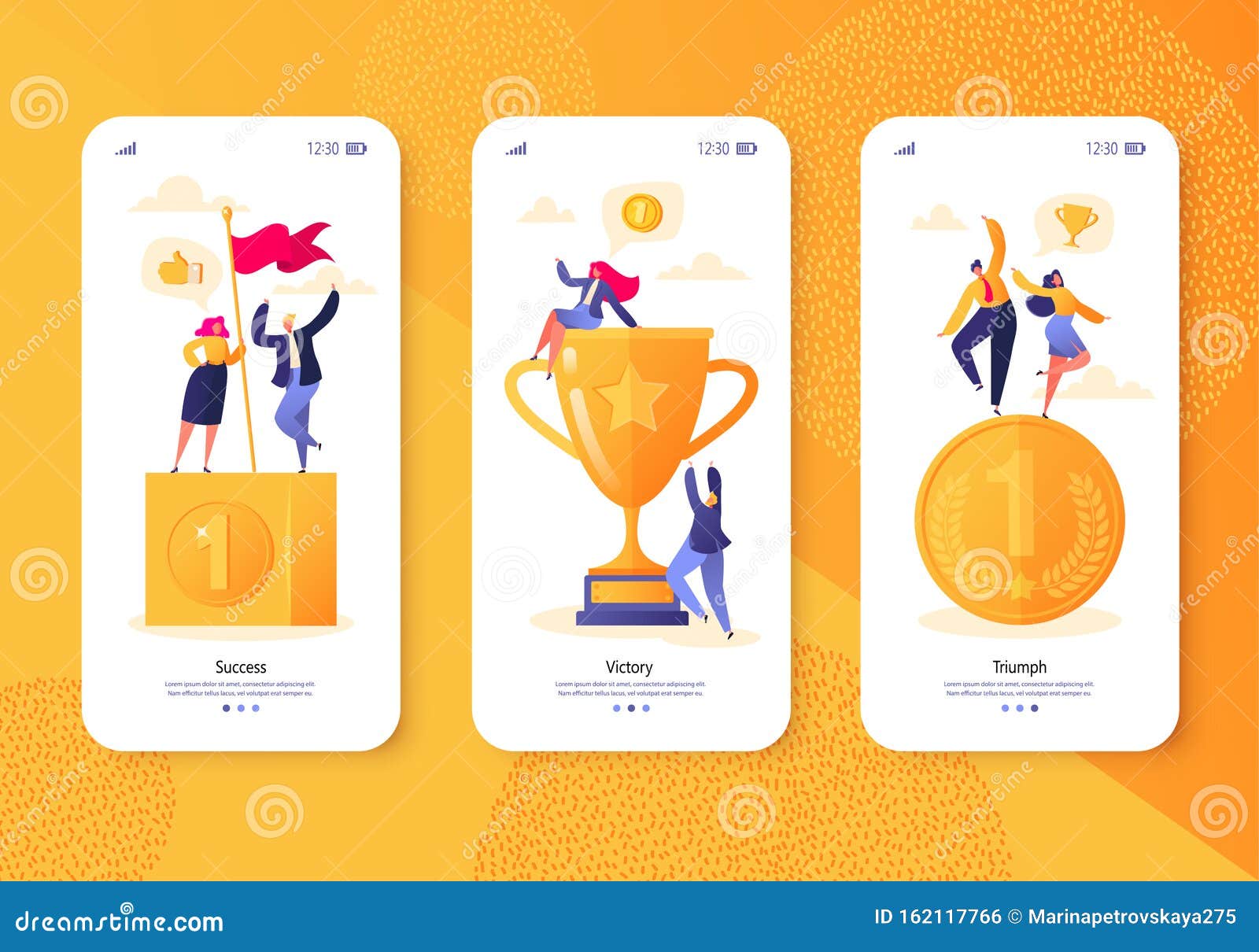 Mobile App Page, Screen Set. Men and Women Celebrating Victory Stock ...