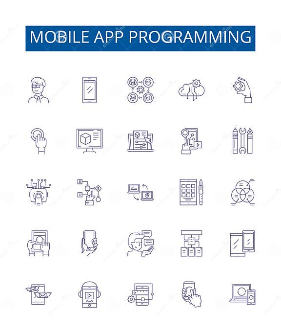 Mobile App Programming Line Icons Signs Set. Design Collection of Programming, Mobile, Apps ...