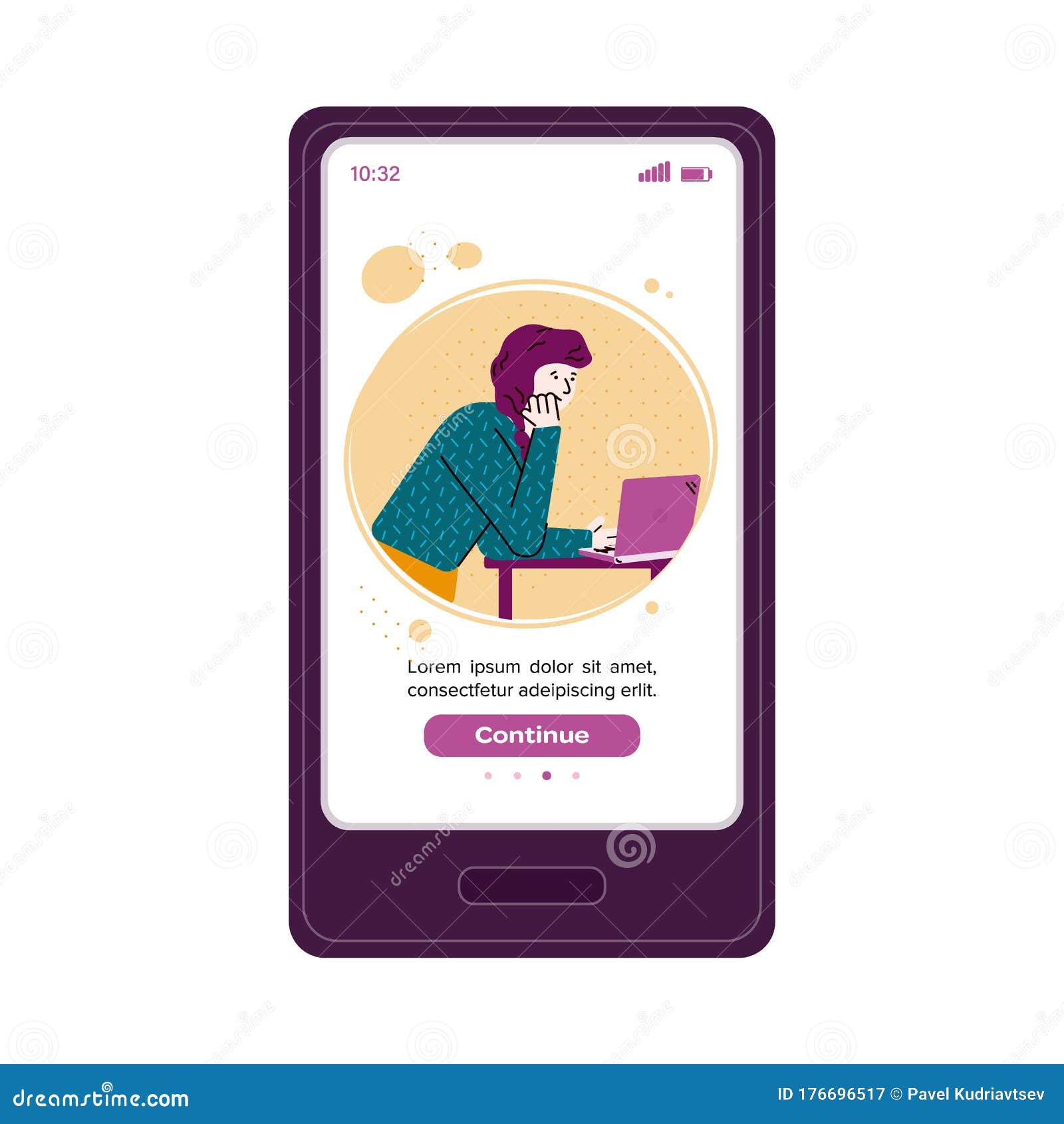 Mobile App Screen with Cartoon Woman Using Laptop - Modern Application ...