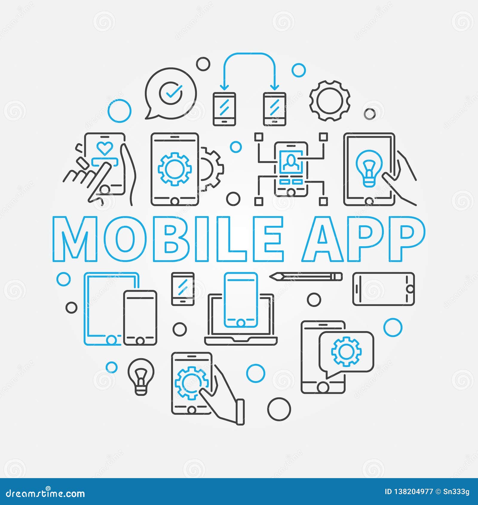 Mobile App Vector Circular Illustration with Phone Outline Icons Stock ...