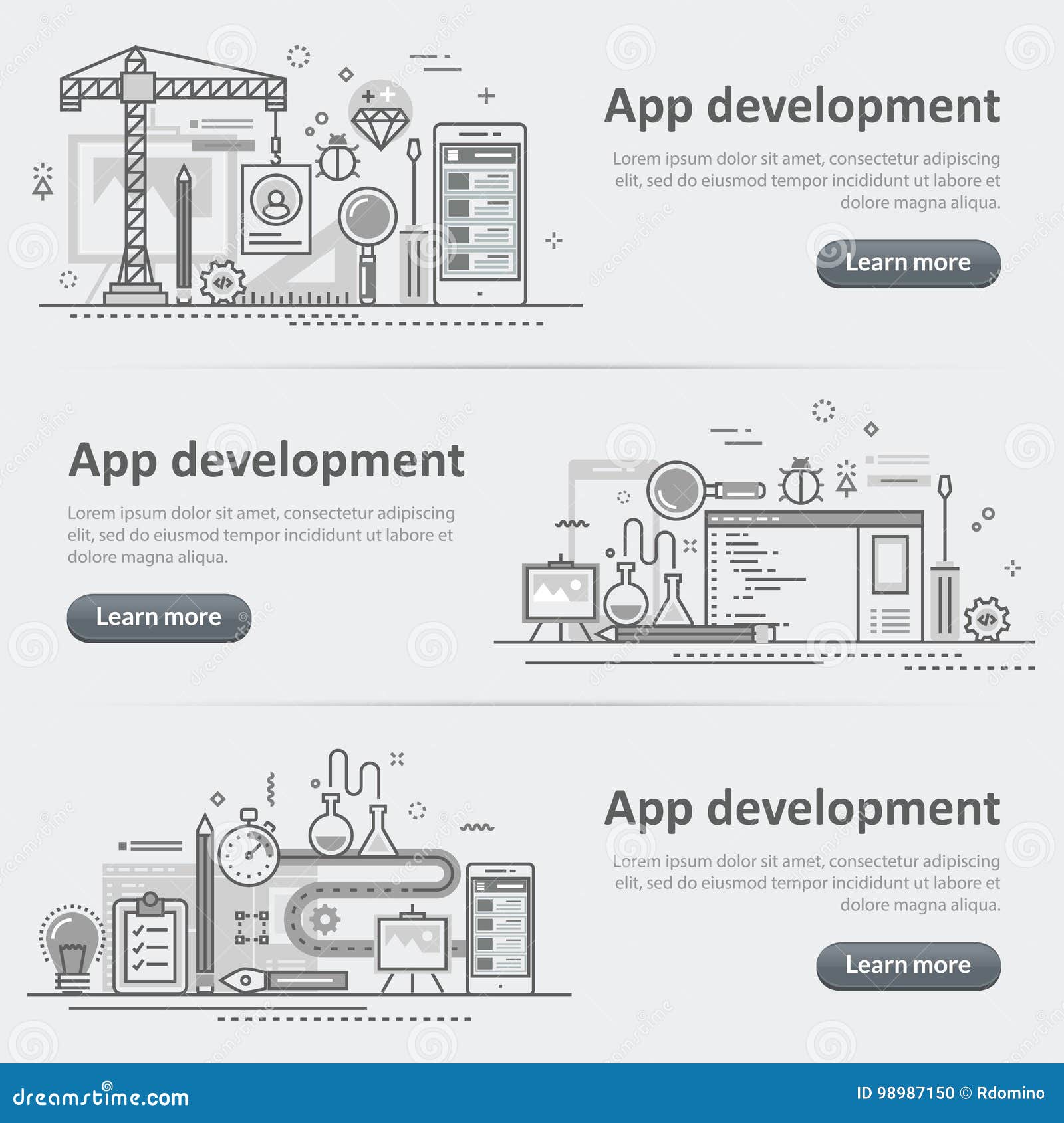 Mobile Application Development Building Process Banner Set Stock Vector ...
