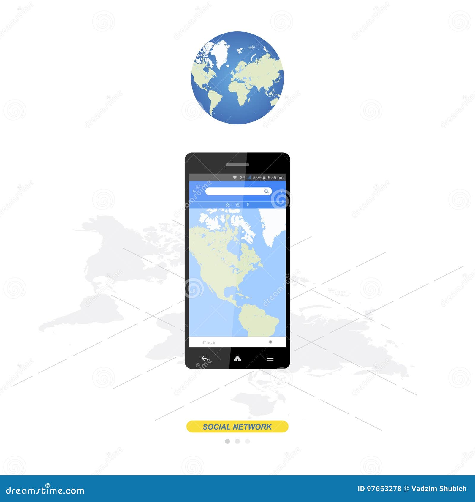 Mobile Application with World Map for Navigation in Smartphone. Flat ...