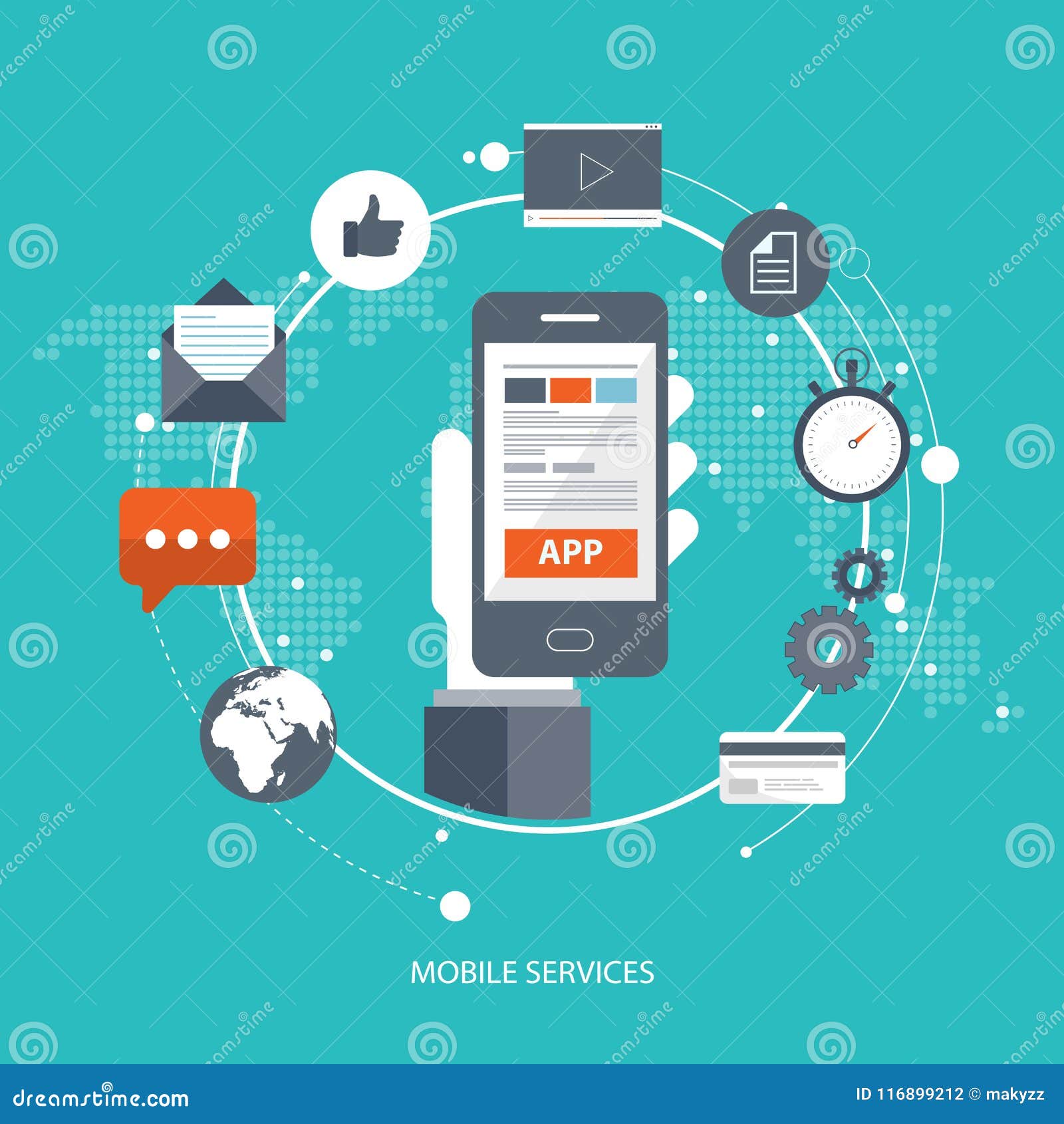 Mobile Applications Concept. Hand with Mobile Phone. Flat Vector ...