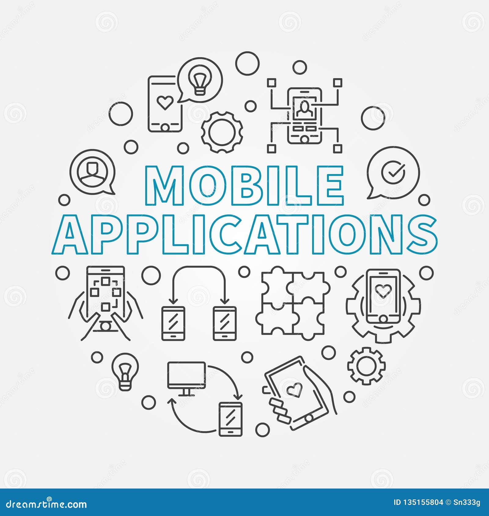 Mobile Applications Vector Round Illustration in Thin Line Style Stock ...