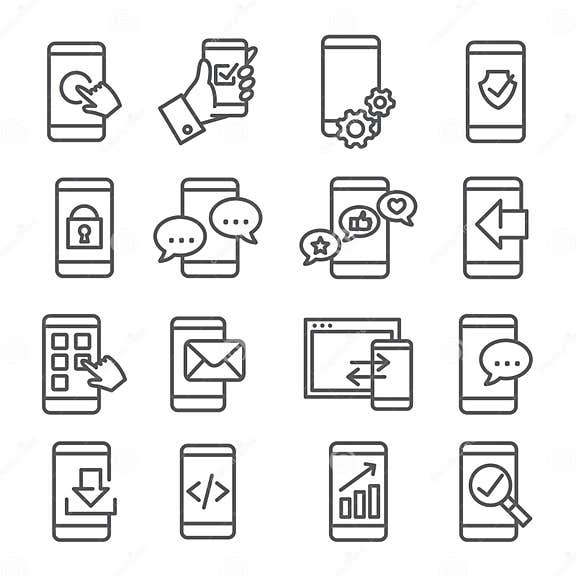 Mobile Apps Line Icons Set on White Background Stock Vector ...