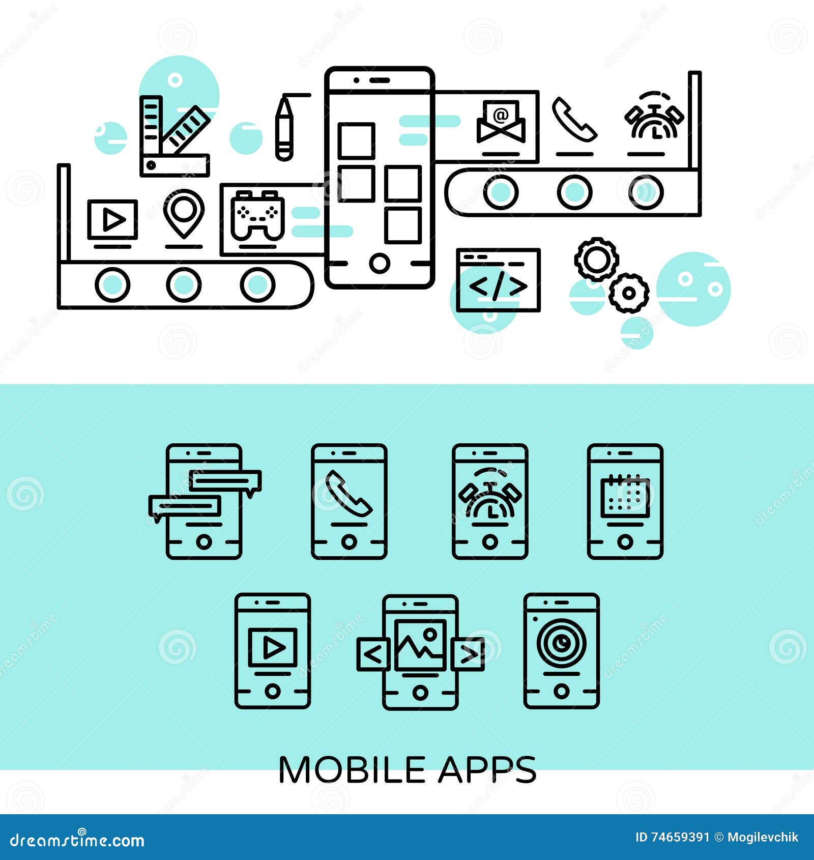 Mobile Apps Linear Composition Stock Vector - Illustration of flat ...