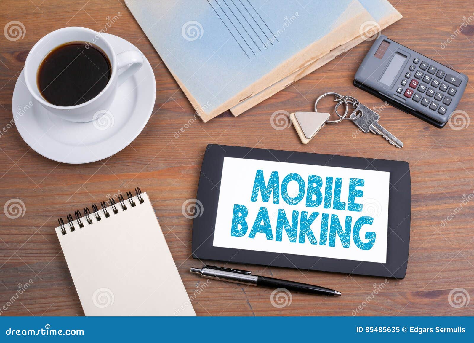 Mobile Banking, Business Concept. Text on Tablet Device on a Wooden ...