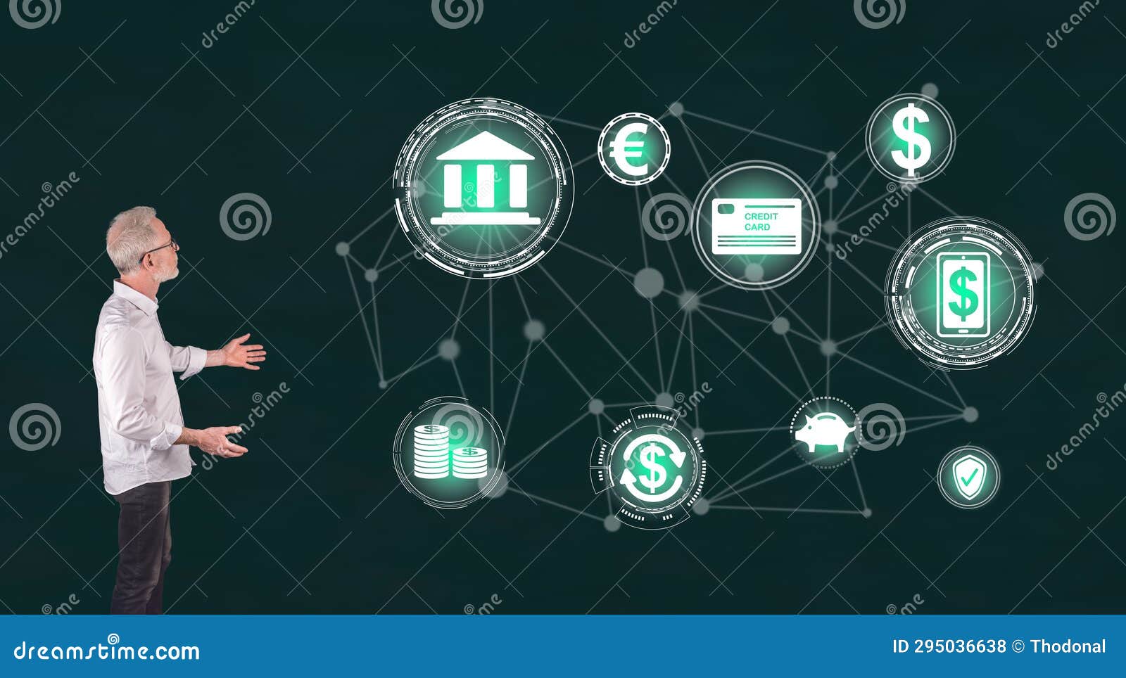 A Mobile Banking Concept Explained by a Businessman on a Wall Screen ...