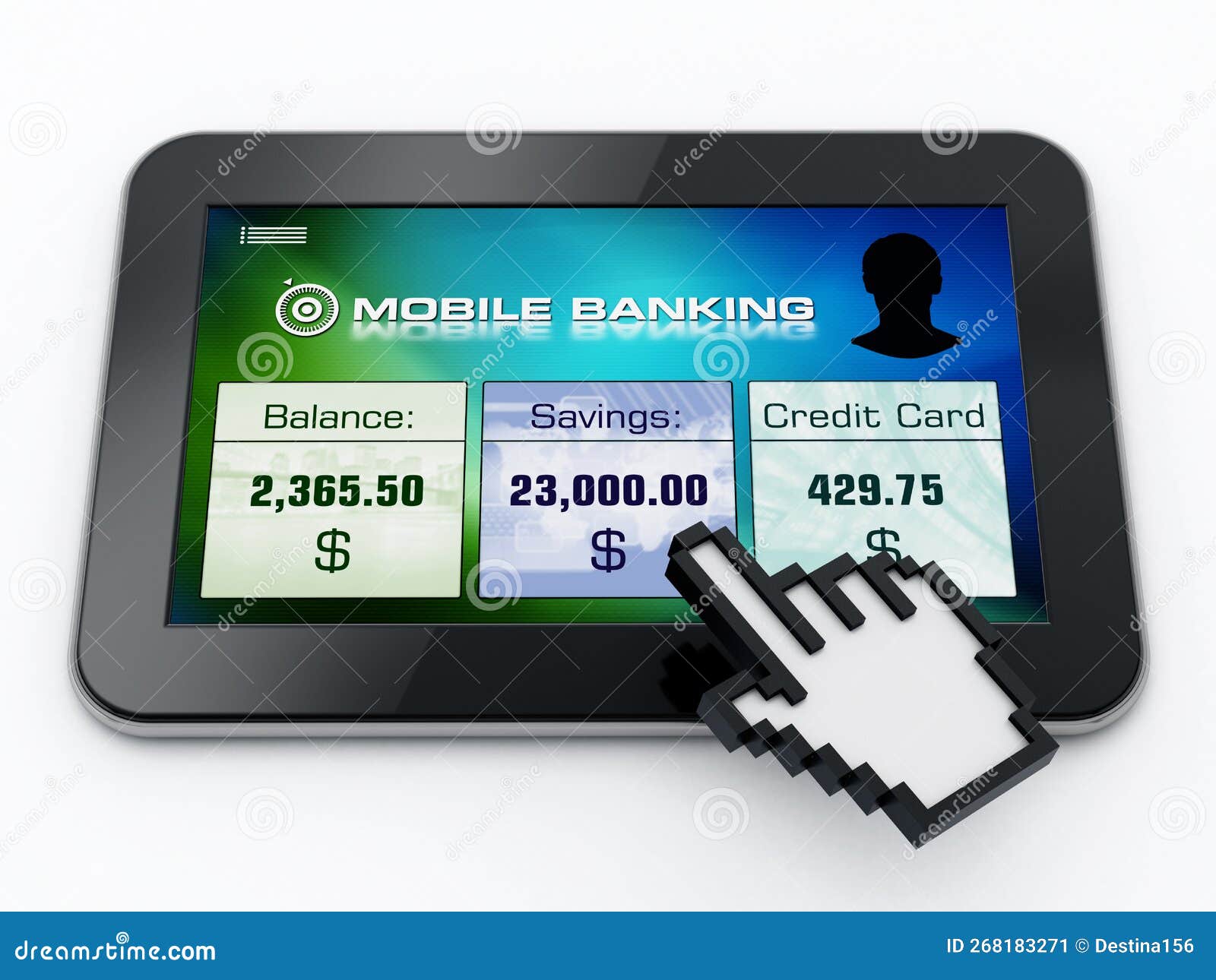 Mobile Banking Interface Screen on Tablet Computer and Hand Cursor. 3D ...