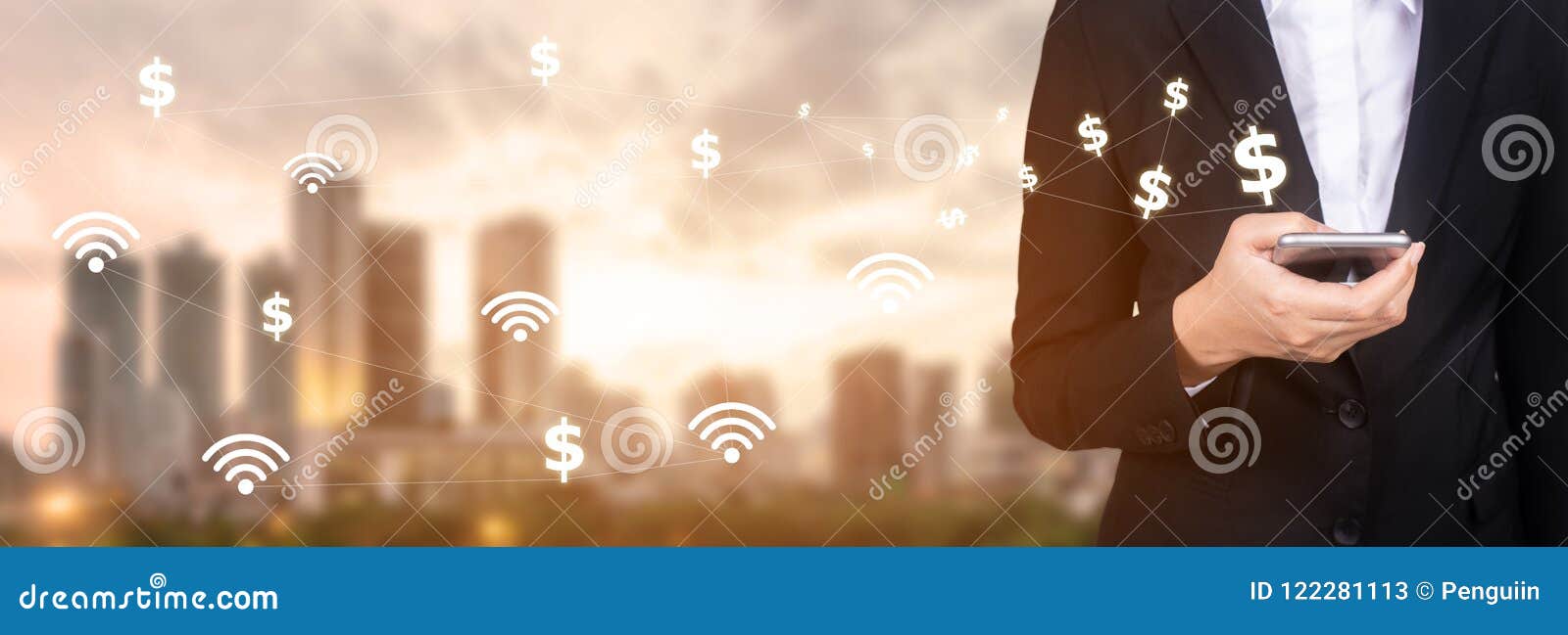 Mobile Banking Network. Business People Using Mobile Phone with Stock ...