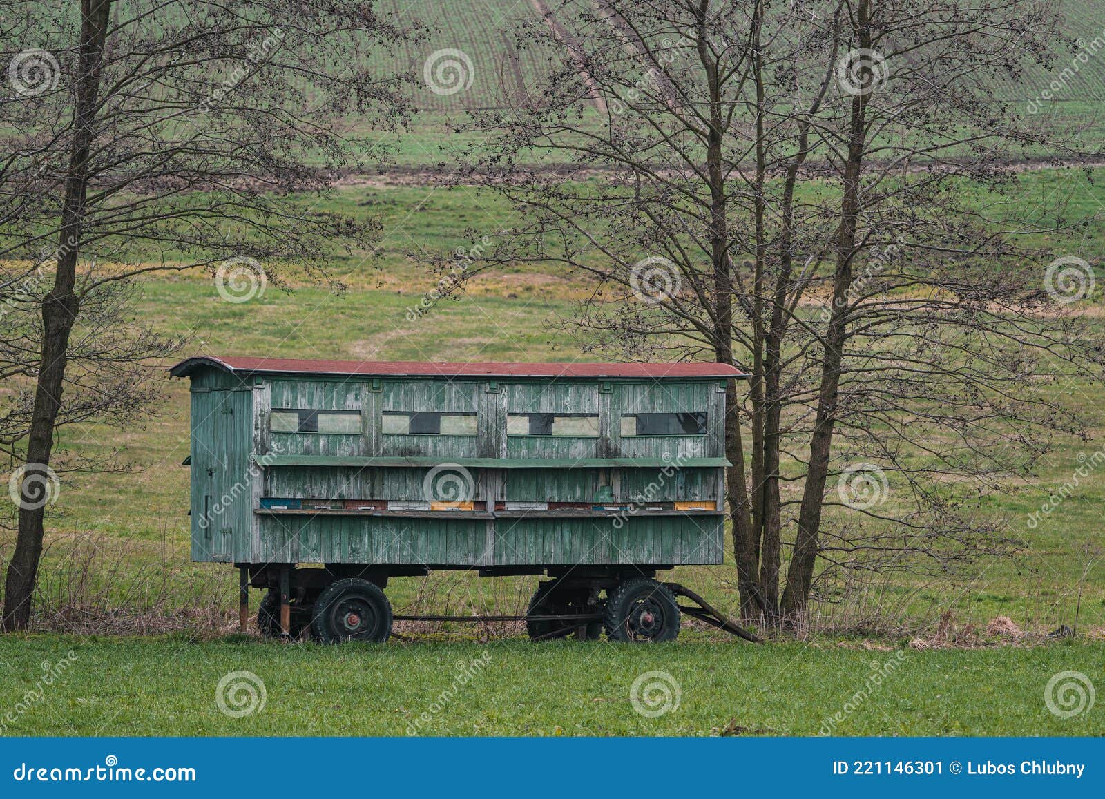 Mobile Beehive Trailer. Relocating Honey Bees In Forest Royalty-Free ...
