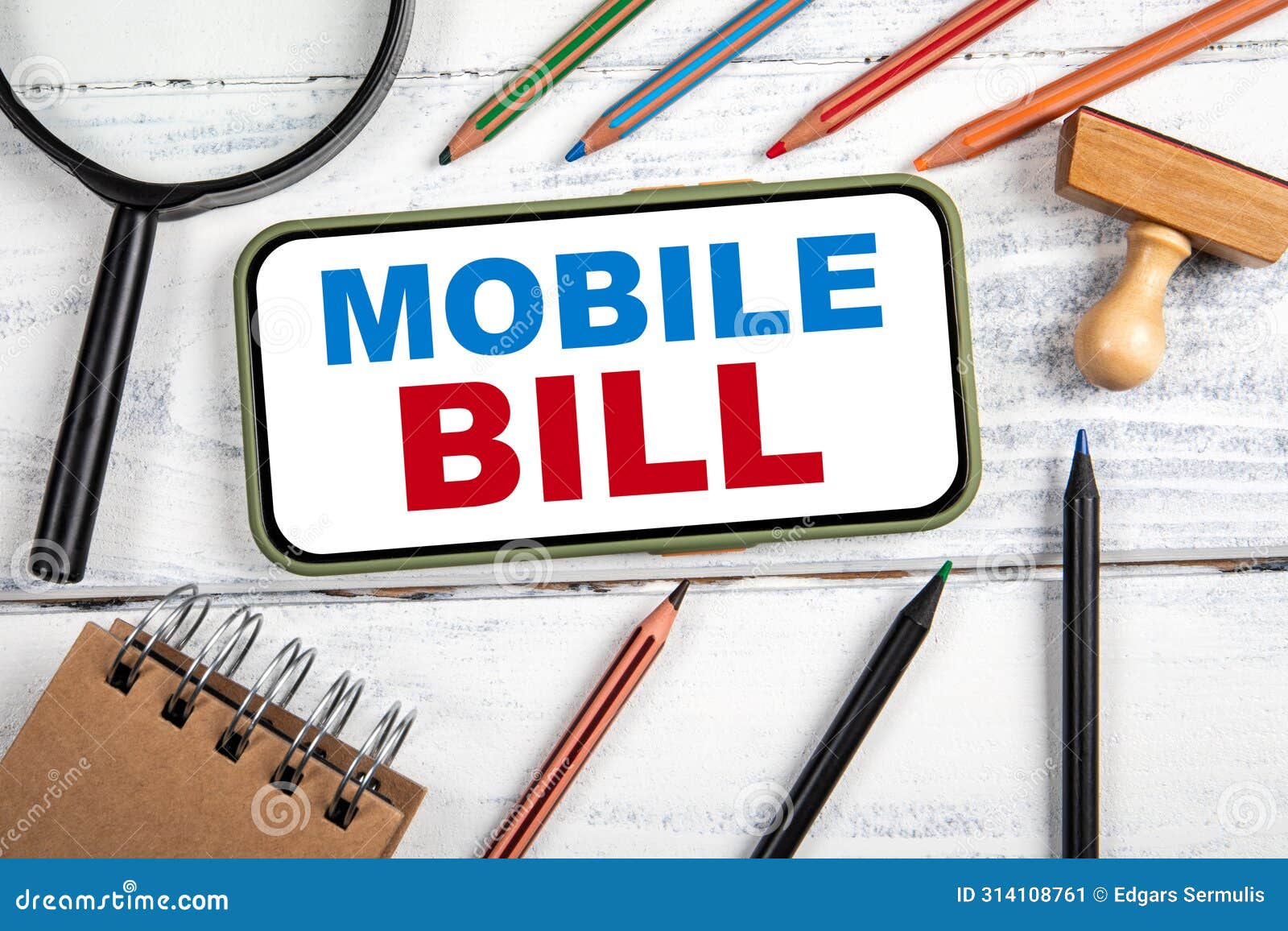 Mobile Bill. Mobile Phone on White Wooden Office Table Stock Image ...