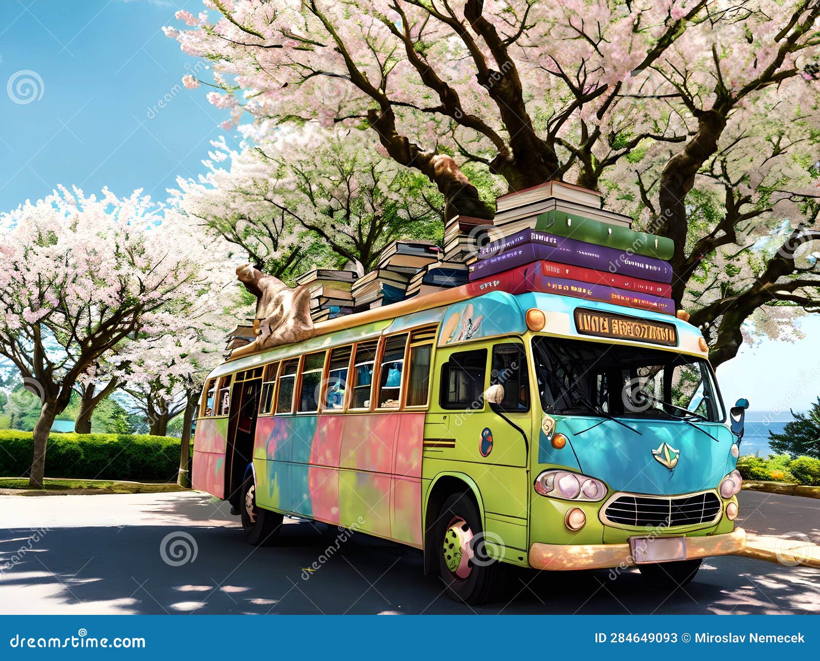 Mobile Book Library Bus, Generative AI Illustration Stock Illustration ...