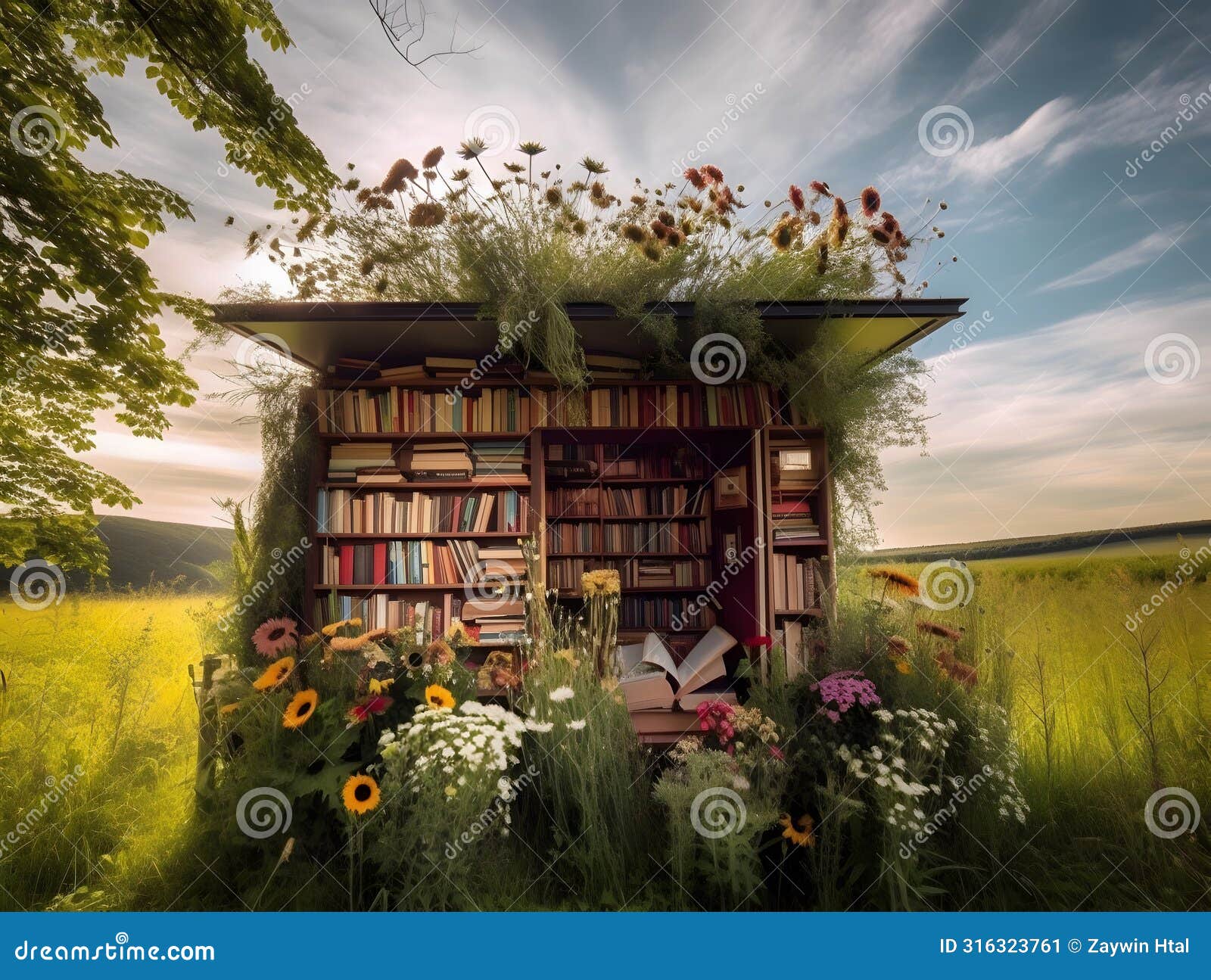 Mobile Bookstore Decorated with Flowers at Sunset Stock Illustration - Illustration of leaves ...